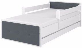 Dětská postel Max Čalouněná 160x80 cm - Bílá - 1x krátká + 1x dlouhá zábrana bez šuplíku - čalounění Šedá