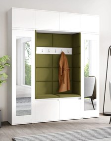Bílá předsíňová stěna Emi 32 se zrcadly a čalouněnými panely