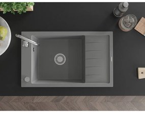 Mexen Elias, 1-komorový granitový dřez s odkapávačem 80x48 cm a kuchyňskou baterií Telma, šedá, 6511-71-670200-00