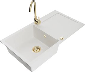 Mexen Leo granitový dřez s 1 komorou, odkapávačem a kuchyňskou baterií Telma, bílý - 6501-20-670200-50