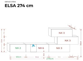 Ral Obývací stěna ELSA 4, 274 cm - Bílý lesk