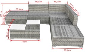 vidaXL Marketos 6dílná zahradní sedací souprava s poduškami polyratan šedá