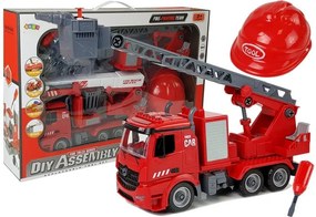 LEAN Toys Stavebnicová sada „Hasičské auto 2 v 1“ – vyměnitelné zdviže, šroubovák, zvuky, světelné efekty, přilba