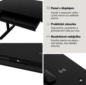 Elektrický psací stůl sit-stand se zásuvkou a bezdrátovou nabíječkou Qi černý, 1200 mm: ELLIS