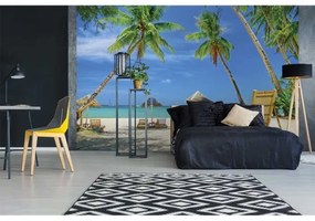 DIMEX | Samolepicí vliesová fototapeta na zeď Tropická pláž MA-5-0195 | 375 x 250 cm | zelená, modrá, béžová