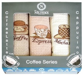 Utěrky MERLIN 89 vaflové vyšívané, dárkové balení, espresso, smetanovo-béžová, 3 kusy 50x70cm