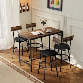 HOMCOM 5dílná sada barového stolu se 4 židlemi, průmyslový design, do kuchyně, jídelny, dřevo, ocel, hnědá