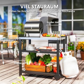 Outsunny grilovací vozík 3-patrový servírovací vozík se pracovní plochou, policemi, háčky a koly, nerezový stůl na gril, venkovní užitkový vozík, gri…