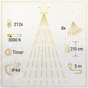 SOLIGHT LED řetěz s hvězdou na vánoční strom / 212 LED / 2,1 m / IP44