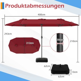 Costway Dvojitý slunečník se stojanem UPF 50+ vínově – 400 × 200 cm