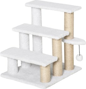 PawHut Kočičí Schody 3 Krokové Schody pro Domácí Zvířata se Škrabadly, Hracím Míčkem, Schody pro Psy, Schody pro Kočky do 5 kg, Plyš-Bavlna, Bílá, 45