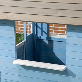 Dětský dřevěný domeček Outsunny pro venkovní hraní pro děti 3-7 let s dveřmi, okny, truhlíky a bočními ploty 151x112,5x142 cm Modrá