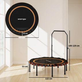 Fitness trampolína s nastavitelným zábradlím, sportovní trampolína pro vnitřní i venkovní použití, ocel, plast, oranžová barva