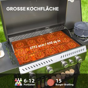 Outsunny Plynový gril, BBQ gril, 4 hlavní hořáky, 1 boční hořák, 1 udržovací plotna; 135 x 55 x 103 cm, černá
