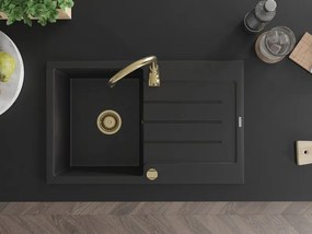 Mexen Bruno, granitový dřez 795x495x200 mm, 1-komorový, černá se zlatým sifonem, 6513791010-77-G