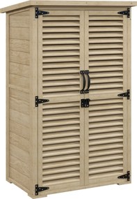 Zahradní skladovací bouda Outsunny s 2 policemi, přírodní dřevo, střecha z modifikovaného bitumenu, větrané dveře, uzamykatelné, 75 x 50 x 118 cm | Ao