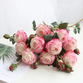 Umělé květy pivoňky, čajové růže s listy Barva: růžovo-bílá (pink white)