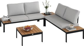Outsunny 4-dílný zahradní lounge set, 2 2-místné venkovní lavice a 2 čtvercové stoly v dřevě a s vyjímatelnými polštáři, nábytek z kovu a kompozitního