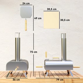 Venkovní pec na pizzu, přenosná pec na pizzu s kamenem na pizzu a lopatou, sklopné nohy, komín, nerezová ocel