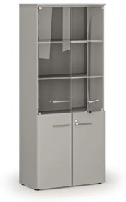 Kombinovaná kancelářská skříň s dřevěnými a skleněnými dveřmi PRIMO GRAY, 1781 x 800 x 420 mm, šedá