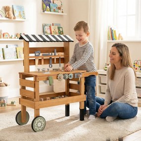 Costway 2-in-1 Dřevěný kočárek a lavička na nářadí Hrací pracovní stůl