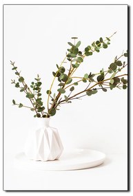 Obraz na plátně - Větev eukalyptu v bílé váze na bílém pozadí - obdélník 7272A (120x80 cm)