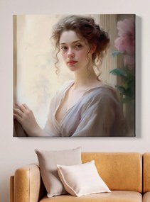 Obraz na plátně - Mladá žena s květinou FeelHappy.cz Velikost obrazu: 60 x 60 cm