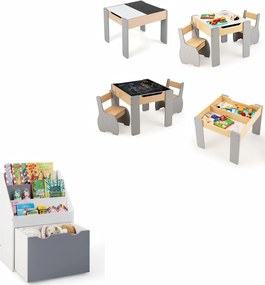 Costway Dětský stolek se 2 židlemi a regálem s boxem, šedý