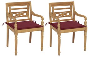 Židle Batavia 2 ks s vínovými poduškami masivní teakové dřevo,  3062136