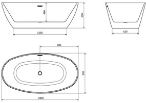 Mexen Eris volně stojící vana 180 x 95 cm, bílá/Černá, vanový přepad Zlatá - 53441809575-G