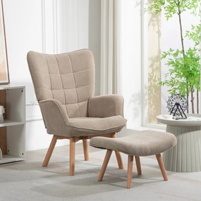 Křeslo HOMCOM s otomanem, vysoké křeslo s opěrkou, dřevěné nohy, lounge křeslo s prošívaným designem, vzhled sametu, pro obývací pokoj, světle hnědé |