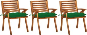 vidaXL Zahradní jídelní židle s poduškami 3 ks masivní akáciové dřevo [3060847] Barva: Zelená