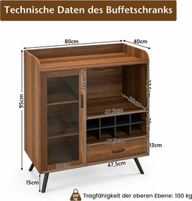 Costway Vinotéka pro domácí lihovinu skříň s dvířky a zásuvkou – 80 × 40 × 95 cm