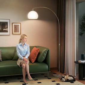 HOMCOM Stojací lampa, ohnutá hlava, nožní spínač, mramorový podstavec, plastový stínidlo, bílá