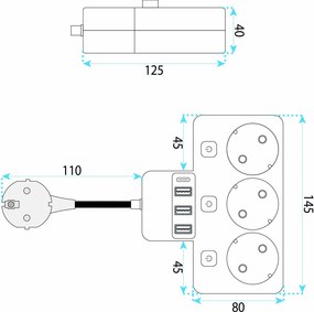 Toolight Toolight, JNH018, zásuvkový rozbočovač 3 zásuvky + 3× USB-A + USB-C s LED světlem, černá, OSW-56307