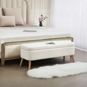 HOMCOM Úložná lavice, sedací lavice s úložným prostorem 65 l, materiál teddy-fleece, kaučukové dřevo, 120 x 42 x 45 cm, krémově bílá