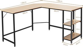 Costway Psací stůl ve tvaru L domácí se 2 policemi – 138 × 60 × 75 cm, přírodní