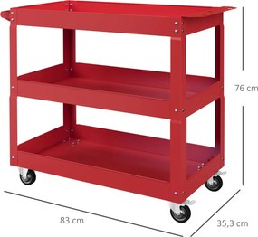 DURHAND vozík na nářadí s kolečky, ocelový vozík s 3 skladovacími policemi a bočním madlem pro mechanickou garáž, nosnost 150 kg, 83x35,3x76 cm, červ…