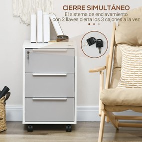 HOMCOM zásuvková jednotka se 3 zásuvkami – kancelářský file cabinet s kolečky, zámkem a 2 klíči pro domácí kancelář 40x40x63,5 cm bílá a šedá