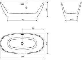 Mexen Eris, volně stojící vana 170 x 80 cm, bílá-černá, broušený grafit přepad, 53441708075-95