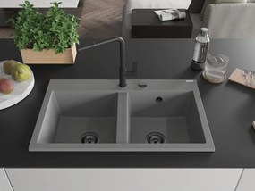 Mexen Hektor, 2-komorový granitový dřez 800x480x205 mm, šedá, grafitový sifon, 6521802000-71-B