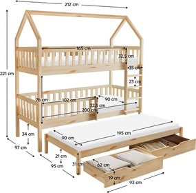 Montessori patrová postel 90x200 s přistýlkou, přírodní, VENITA TYP 1 Kondela 0000396837
