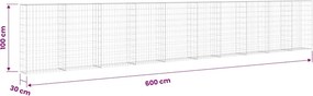Gabionová zeď s víky z pozinkované oceli 600 x 30 x 100 cm 143584