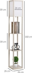 HOMCOM Stojací lampa se 3 policemi Stojací lampa, interiérové osvětlení, E27, do 40W, E1-MDF, akryl, dub+bílá, 26x26x160 cm