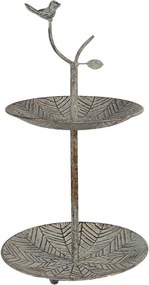 Zelenohnědý kovový dekorační dvoupatrový etažér s ptáčkem Birdie - Ø 26*48 cm