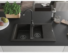 Mexen Gaspar, granitový dřez 737x475x177 mm, 1,5-komorový, černá-zlatá metalíza s černým sifonem, 6507731505-75-B
