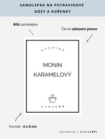 Samolepka na láhev MONIN KARAMELOVÝ 6 x 8 cm – bílá vinylová, voděodolná, omyvatelná samolepka na dózy, základní písmo