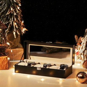 Krabička na hodinky pro 6 hodinek, hodinková krabička s skleněným víkem, černá
