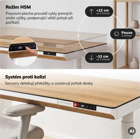 Elektrický psací stůl sit-stand se zásuvkou a bezdrátovou nabíječkou Qi bílý/zlatý dub, 1600 mm: ELLIS