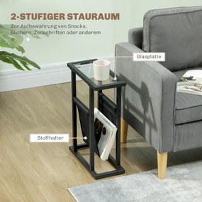 HOMCOM Noční stolek se látkovým košem, skleněná deska, konferenční stolek s kovovými nohami, stolek k pohovce do obývacího pokoje 40 x 18 x 55,5 cm Č…